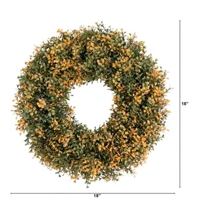 NEARLY NATURAL Pre-lit Autumn Boxwood Artificial Fall 18' Wreath With Warm White Led Lights