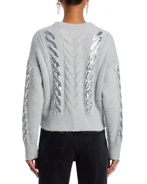 Aqua Sequin Cable Knit Crewneck Sweater