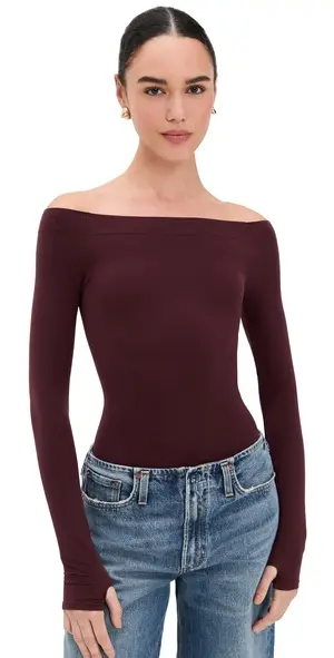 Commando Ballet Off-shoulder Bodysuit With Thumbholes - Raisin