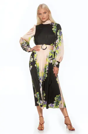 ALEXIA ADMOR Safiya Long Sleeve Belted Fit And Flare Pleated Dress - Floral Multi