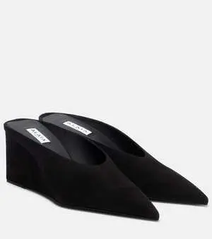 Alaïa Cube 75 Suede Wedge Mules - Black
