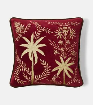 LES-OTTOMANS Embroide Cotton Velvet Cushion - Red