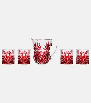 LES-OTTOMANS Set Of 4 Floral Crystal Tumblers And Jug - Red