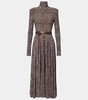 Brown Houndstooth Midi Dresses