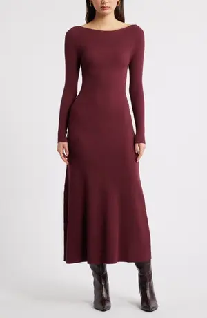 OPEN EDIT Long Sleeve Rib Maxi Dress - Burgundy Tannin