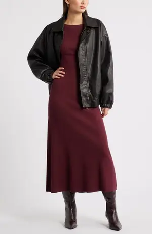 OPEN EDIT Long Sleeve Rib Maxi Dress - Burgundy Tannin