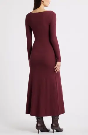 OPEN EDIT Long Sleeve Rib Maxi Dress - Burgundy Tannin