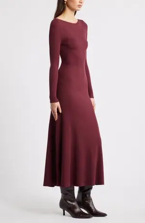 OPEN EDIT Long Sleeve Rib Maxi Dress - Burgundy Tannin
