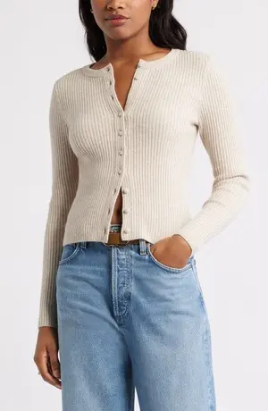 OPEN EDIT Ribbed Crewneck Cardigan - Beige Oatmeal Heather