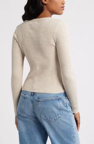 OPEN EDIT Ribbed Crewneck Cardigan - Beige Oatmeal Heather