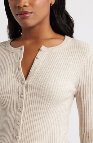 OPEN EDIT Ribbed Crewneck Cardigan - Beige Oatmeal Heather