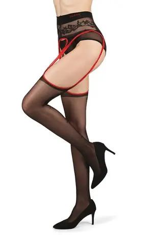 MEMOI Garden Of Eden Suspender Tights - Black-red