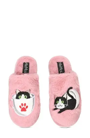 MEMOI Teacup Kitty Plush Faux Fur Slippers