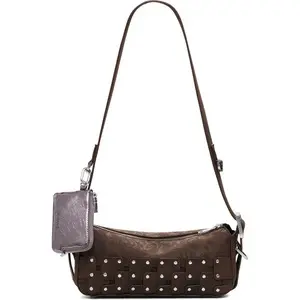 Desigual Studded Patchwork Faux Leather Baguette Bag - Dark Brown