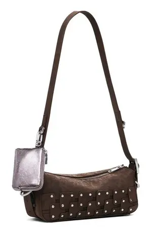 Desigual Studded Patchwork Faux Leather Baguette Bag - Dark Brown