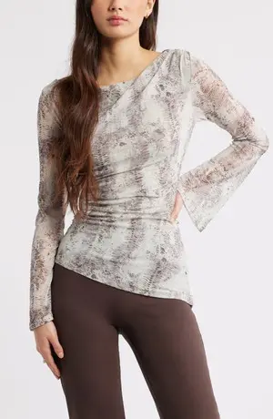 OPEN EDIT Mesh Bell Sleeve Top - Grey- Brown Spotted Abstract