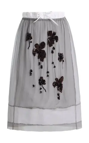 Prada Embroidered Silk Chiffon Midi Drawstring Skirt - Grey