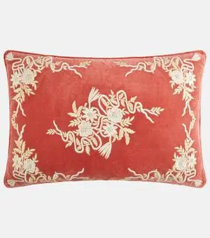 LES-OTTOMANS Embroide Cotton Velvet Cushion - Red