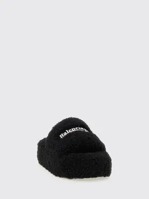 Balenciaga Shearling Wedge Slide Sandals With Embroidered Logo - Black
