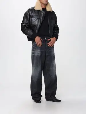 Dsquared2 Leather Bomber Jacket With Shearling Collar