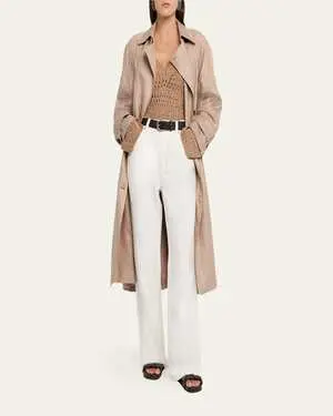 Brunello Cucinelli Openwork Braided Paillette Linen V-neck Sweater - Bruciato