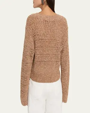 Brunello Cucinelli Openwork Braided Paillette Linen V-neck Sweater - Bruciato