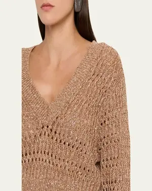 Brunello Cucinelli Openwork Braided Paillette Linen V-neck Sweater - Bruciato