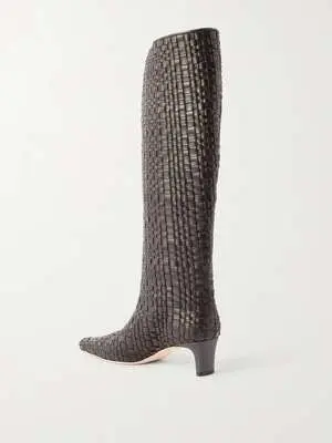 Staud Wally Woven Leather Knee Boots - Dark Brown