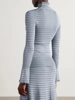 Proenza Schouler White Label Phyllis Ruffled Striped Ribbed-knit Turtleneck Sweater - Blue