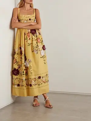 Agua Bendita Barbara Paramo Pleated Appliquéd Floral-print Cotton-poplin Midi Dress