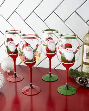 Neiman Marcus Hand-painted Santa Wine Glasses, Set Of 4 - One-color