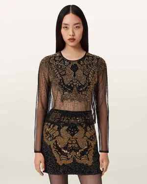ALLSAINTS Greta Butterfly Embellished Top - Black/gold