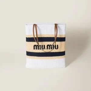 Miu Miu Raffia Effect Woven Tote Bag - Tan/white