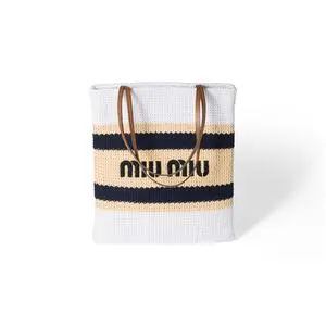 Miu Miu Raffia-effect Woven Tote - Tan/white
