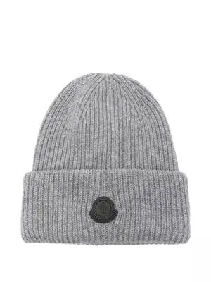 Moncler Ribbed Beanie Hat With Logo Patch - Grey