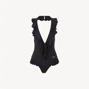Chloé Ruffled V-Neck One-Piece Swimsuit Black