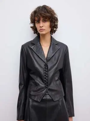 HOUSE OF DAGMAR Slim Tailored Lambskin Nappa Leather Blazer