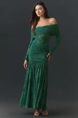 AFRM Emmele Flocked Off-shoulder Maxi Dress