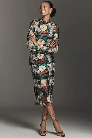 Endless Rose Long-sleeve Embroidered Midi Dress - Green Pattern