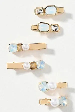 Anthropologie Gemstone Barrettes Set Of 6 - Clear/pearl