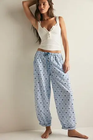 Free People On Repeat Pj Pants - Striped Hearts - Ice Blue