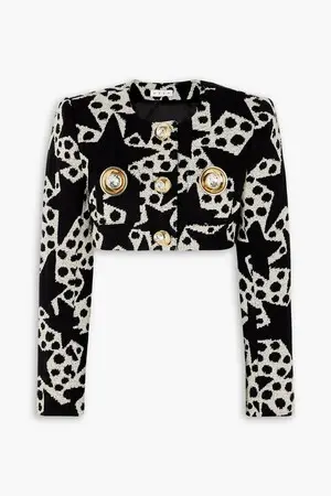 AREA Cropped Embellished Cotton-blend Jacquard Blazer - Black