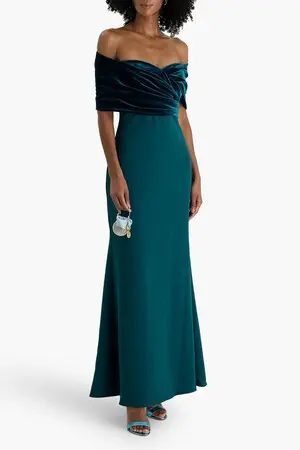 Badgley Mischka Draped Velvet And Crepe Gown