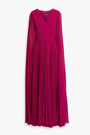 Badgley Mischka Cape-effect Pleated Chiffon Gown