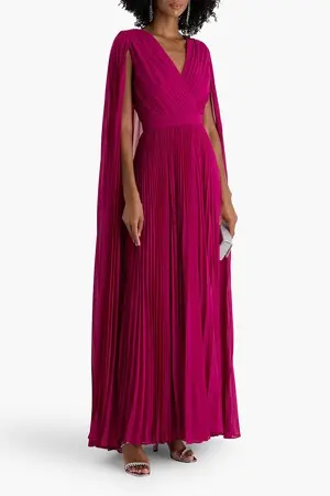 Badgley Mischka Cape-effect Pleated Chiffon Gown