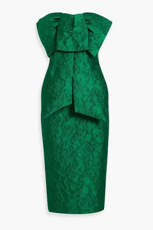Badgley Mischka Strapless Bow-detailed Cloqué Midi Dress - Emerald