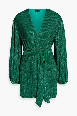 Retrofete Gabrielle Sequined Chiffon Mini Wrap Dress - Emerald