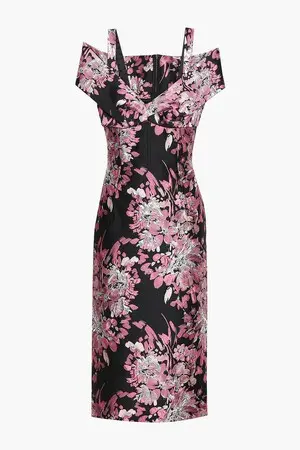 Dolce & Gabbana Cold-shoulder Metallic Brocade Midi Dress
