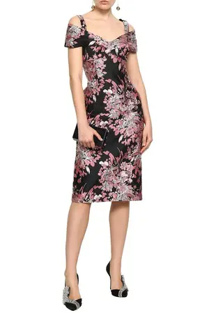 Dolce & Gabbana Cold-shoulder Metallic Brocade Midi Dress