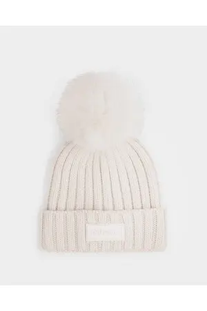 Rudsak Knit Beanie With Faux Fur Pom Pom - Natural